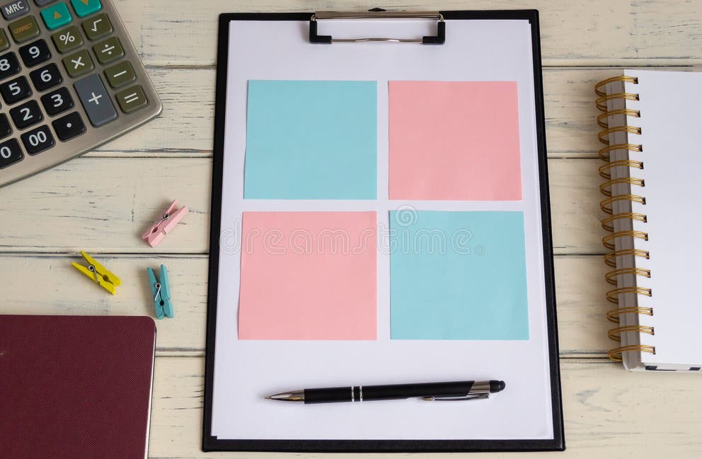 Blank Sheet Tablet, Colored Post-it Notes, Pen. Stock Image - Image of ...