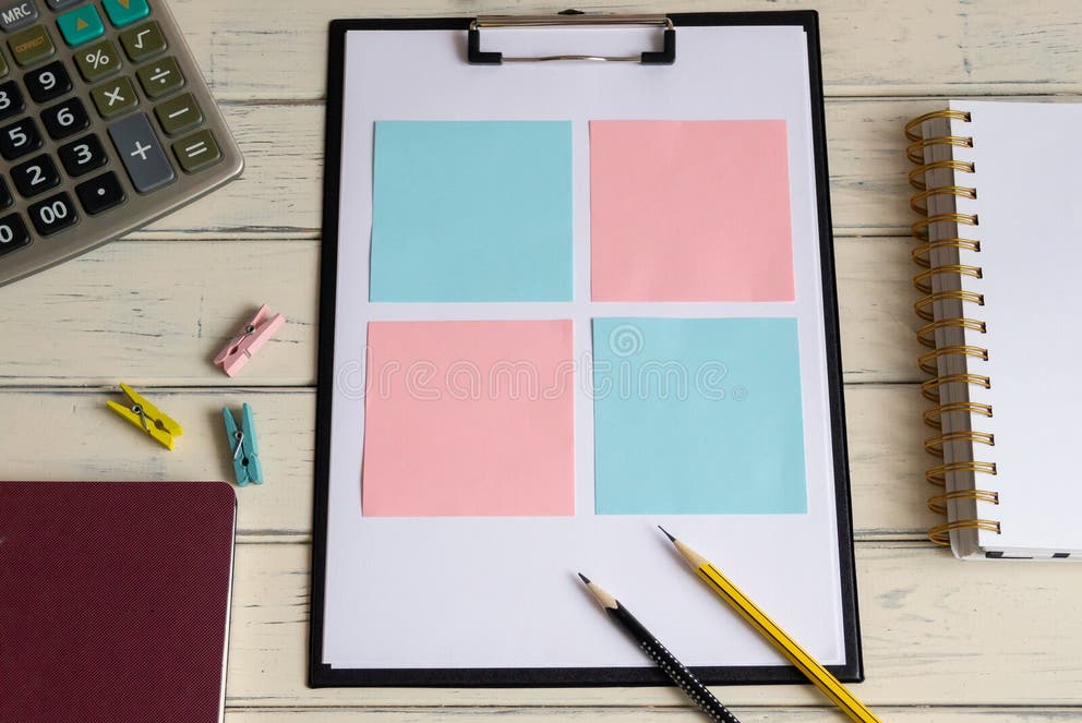 Blank Sheet Tablet, Colored Post-it Notes, Pen. Stock Image - Image of ...
