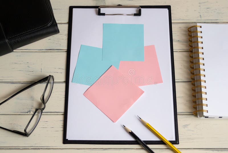 Blank Sheet Tablet, Colored Post-it Notes, Pen. Stock Image - Image of ...