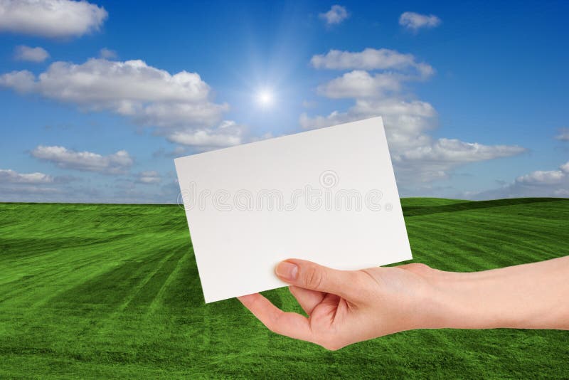 Blank Sign in Female Hand Over Grass Field Stock Image - Image of card ...