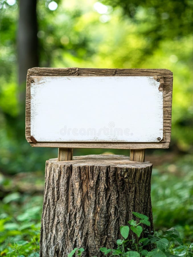 Blank Sign on Forest Tree Stump a Blank White Sign Mounted on a Tree ...