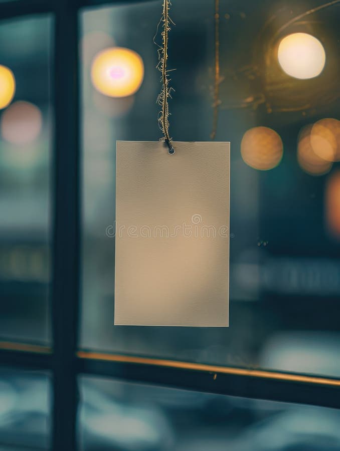 A Blank Sign Hanging from a Window with Lights in the Background Stock ...