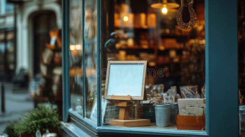 Blank Sign in Shop Window with Blurred Interior Stock Illustration ...
