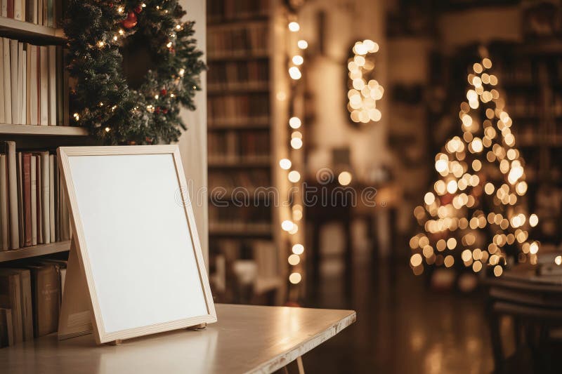 Blank Sign Standing on Table in Christmas Decorated Library Stock ...