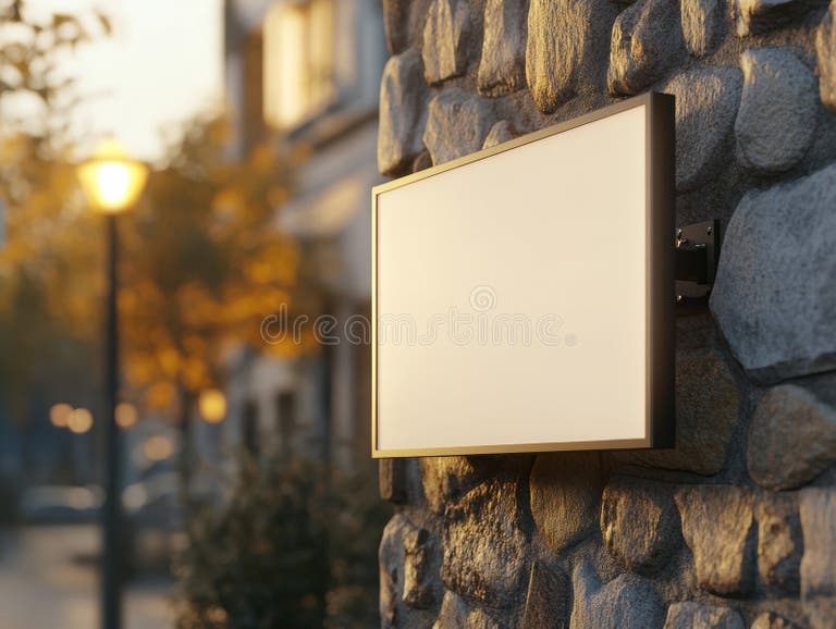 Blank Sign on Stone Wall with Evening Glow Awaiting Custom Text or ...
