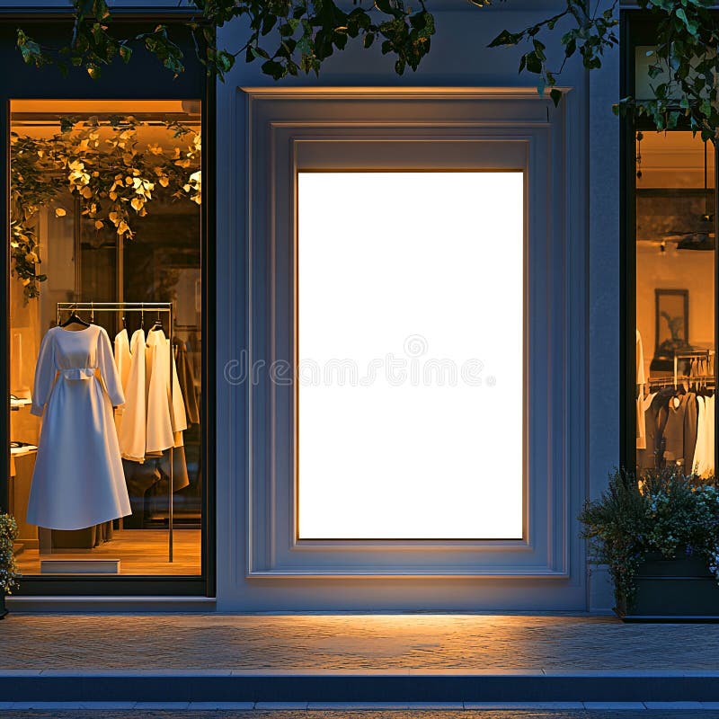 Blank Signage Boutique Shop Window Display Mockup at Night Stock ...