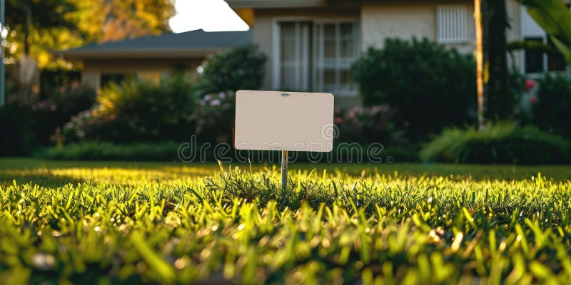 Blank Signboard on Grass in Front of House. Sale of the House. Copy ...