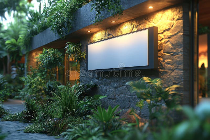 Blank Signboard on Stone Wall of Tropical Building Exterior at Night ...