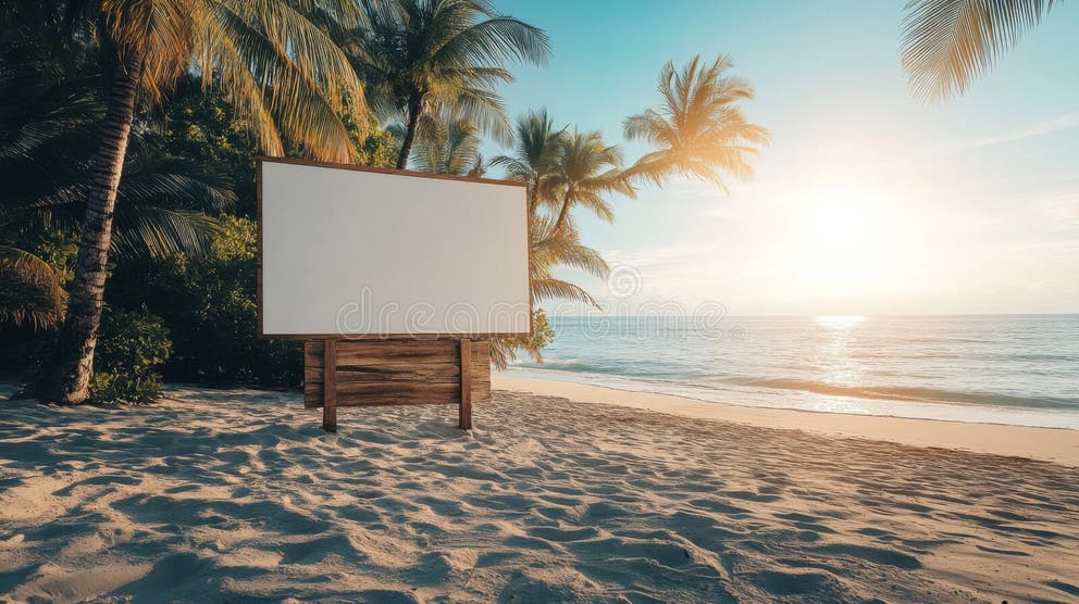 Blank Signboard on a Tropical Beach at Sunset Stock Illustration ...