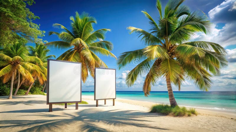 Blank Signs on a Tropical Beach with Palm Trees and Ocean View ...