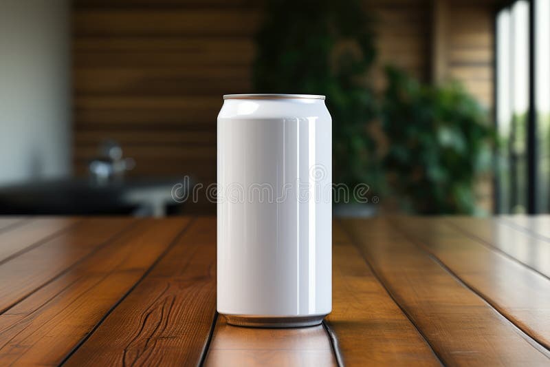 Blank Silver Soda Can Mockup on Wooden Kitchen Table. Stock Image ...