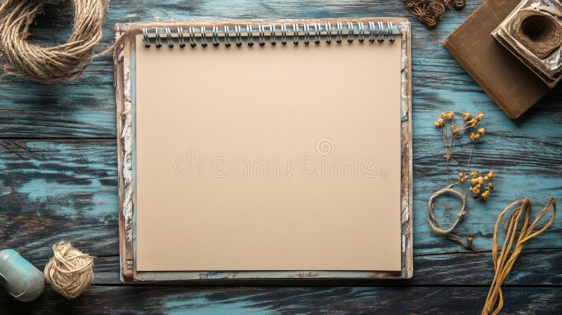 Blank Sketchbook on Rustic Wooden Table with Craft Supplies Stock Photo ...