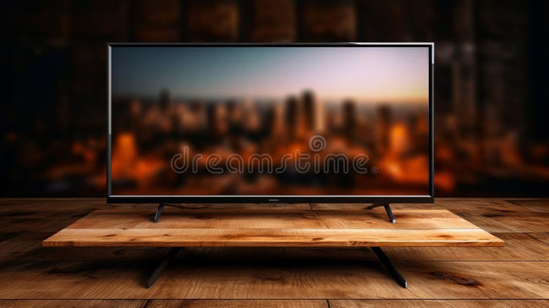 Blank Smart TV Screen on Wooden Table Close-up Realistic. Al Generated ...