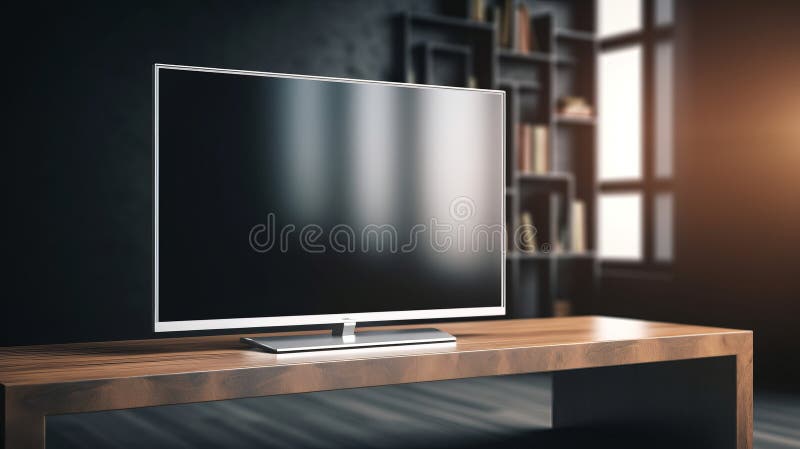 Blank Smart TV Screen on Wooden Table Close-up Realistic. Al Generated ...