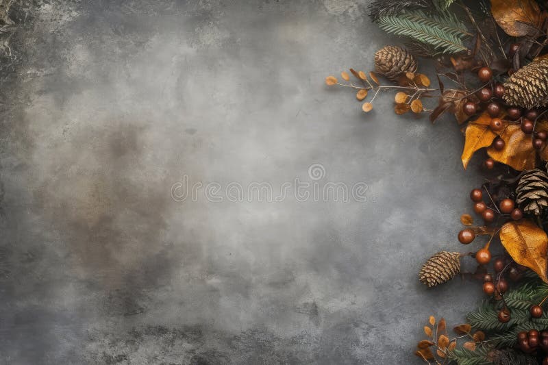 Blank Space Grey Grunge Surface with Autumn Leaves and Cones, Top View ...