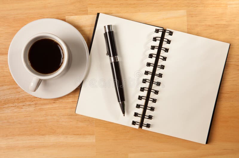 Blank Spiral Note Pad, Cup and Pen on Wood Stock Image - Image of desk ...