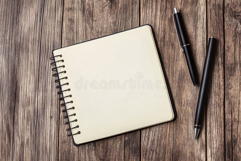 Blank Spiral Notebook with Pens on Rustic Wooden Table Background Stock ...