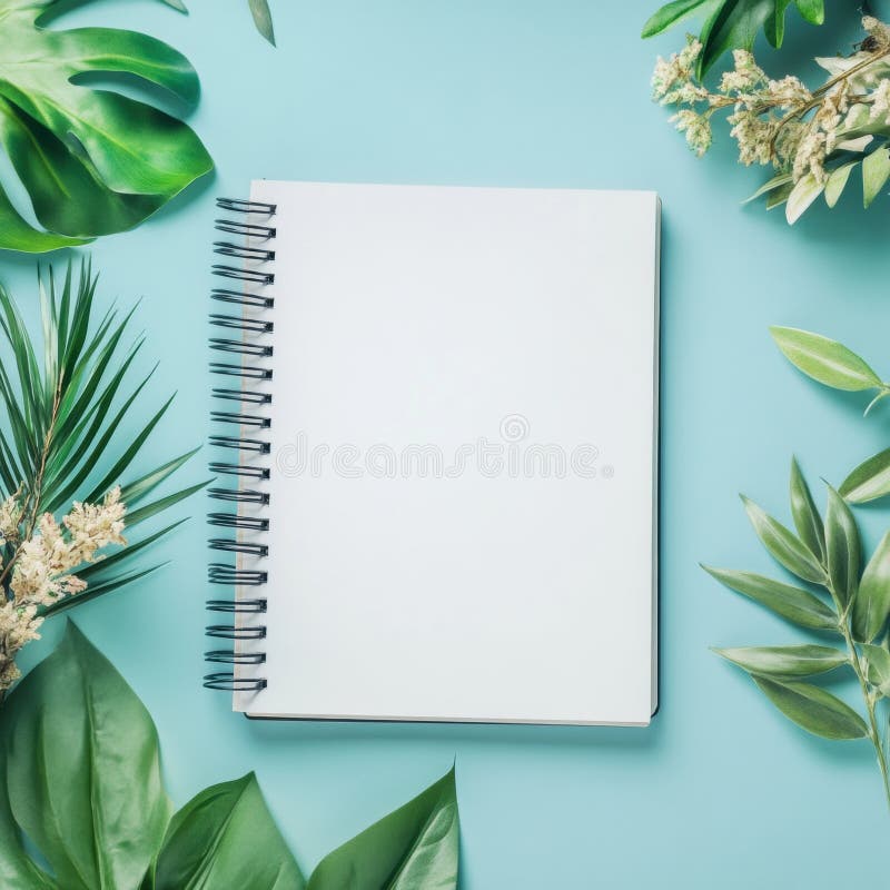 Blank Spiral Notebook Surrounded by Green Leaves on a Blue Surface ...