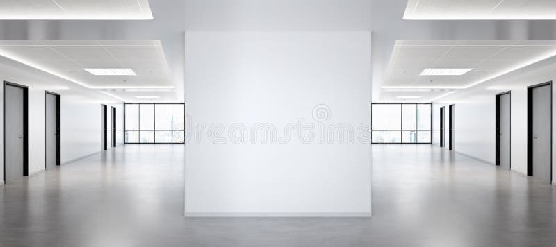 Blank Squared Wall in Office Mockup with Large Windows and Sun Passing ...