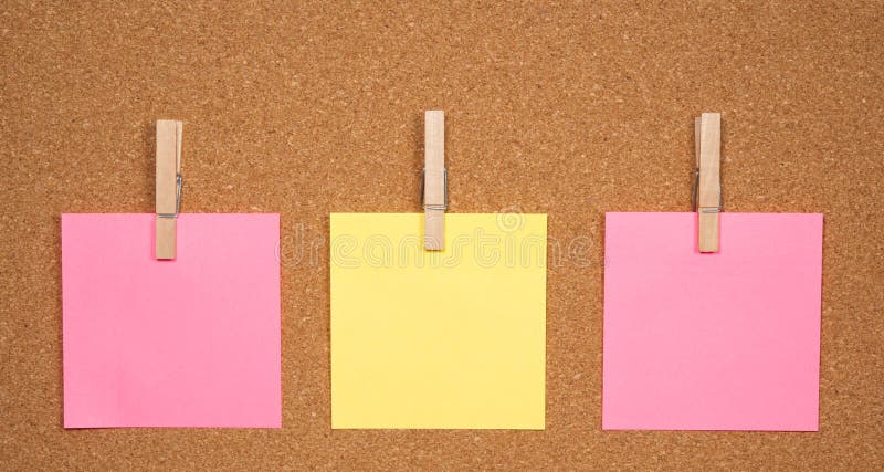 Three Blank Sticky Notes with Clothespin on Corkboard Stock Image ...