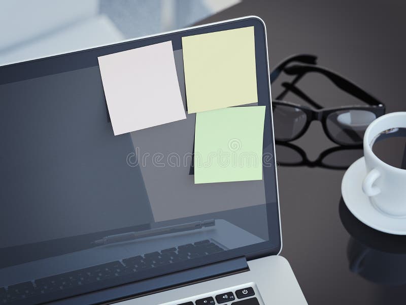 Blank Sticky Notes on the Display of Laptop. 3d Rendering Stock ...