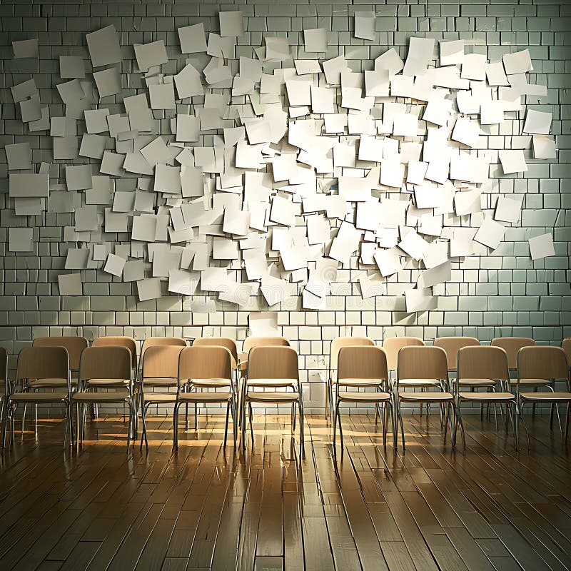 Blank Sticky Notes on a Wall in an Empty Room with Chairs Awaiting ...
