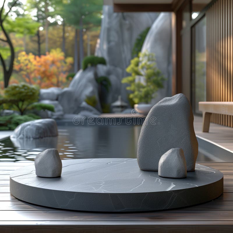 Blank Stone Podium Against the Backdrop of an Oriental Garden Stock ...