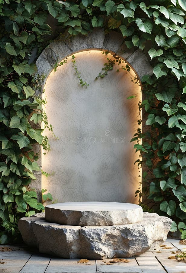Blank Stone Podium Placed Under a Canopy of Vines and Soft Shadows ...
