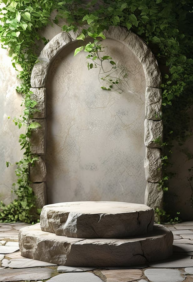 Blank Stone Podium Placed Under a Canopy of Vines and Soft Shadows ...
