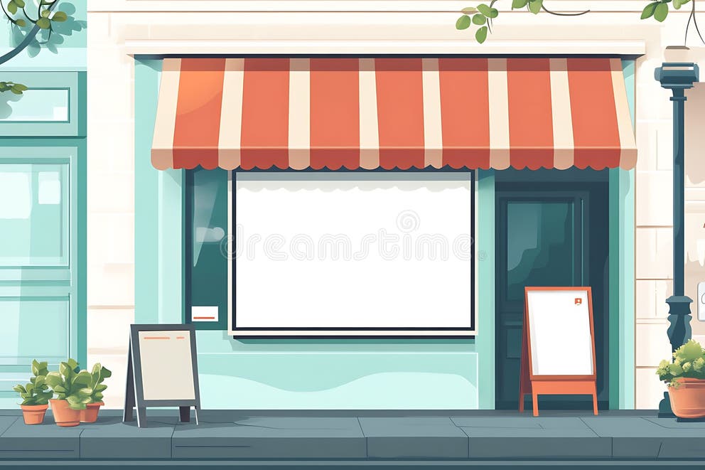 Blank Storefront with Awning, Sidewalk, and Signage Stock Illustration ...