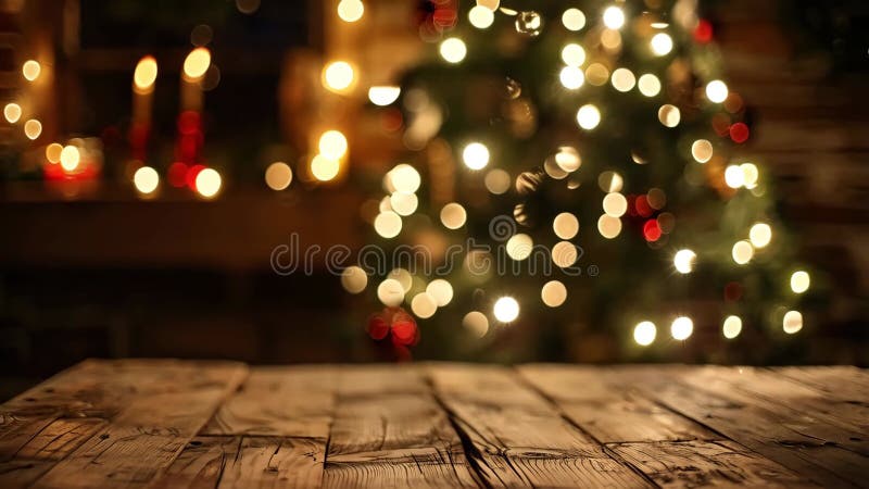 Blank Table and Decorated Christmas Tree and Lights on Background Stock ...