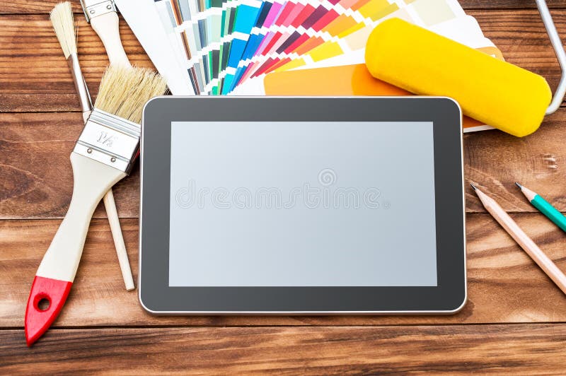 Blank Tablet PC with Color Swatches Book, Paintbrushes and Paint Roller ...