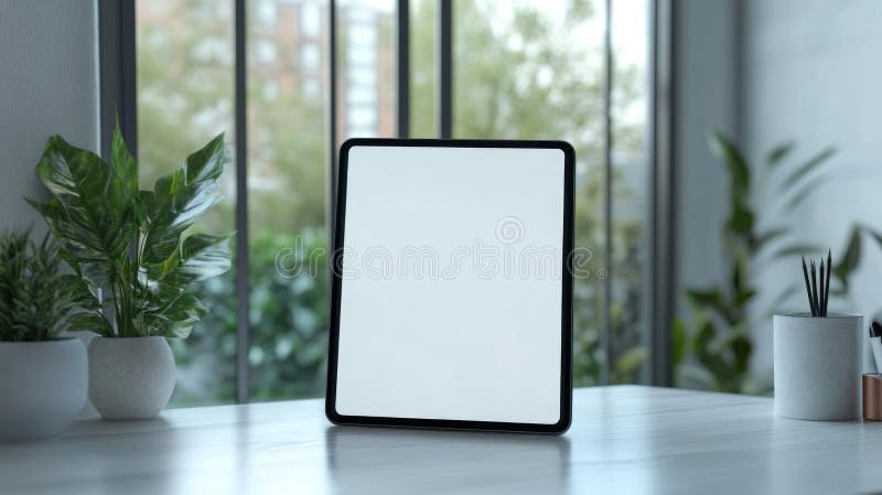 Blank Tablet Screen Mockup on Modern Desk Stock Illustration ...
