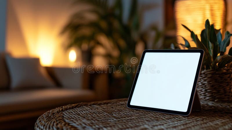 Blank Tablet Screen Mockup on Wicker Table in Cozy Room Stock ...