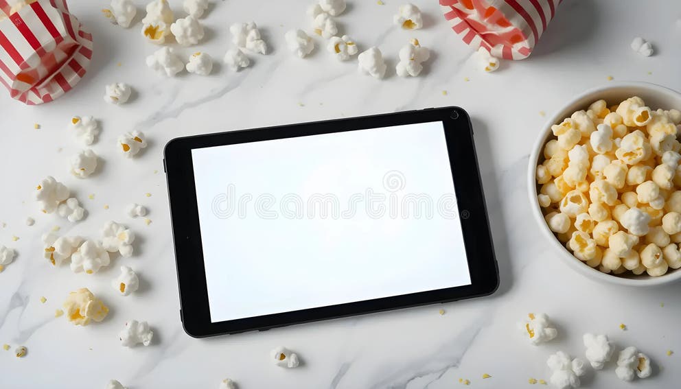 Blank Tablet Screen with Popcorn on Marble Surface Stock Illustration ...
