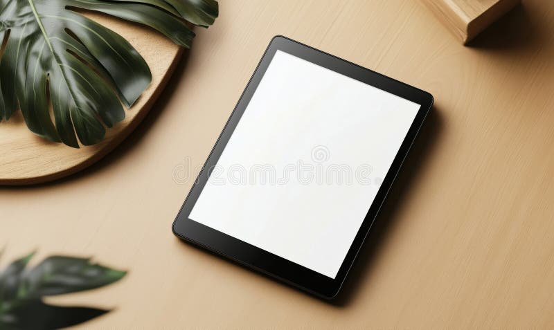 Blank Tablet on Wooden Surface with Tropical Leaves and Natural Decor ...