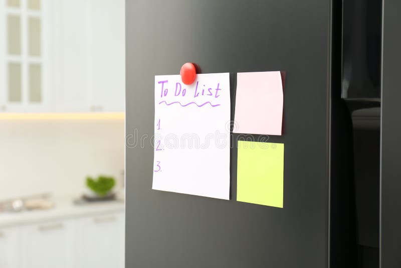 Blank To Do List and Sticky Notes on Fridge in Kitchen. Space for Text ...