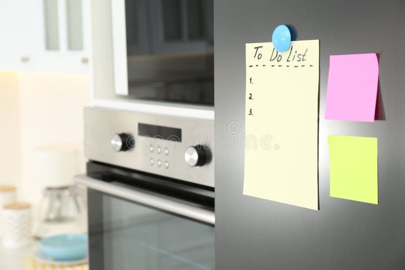 Blank To Do List and Sticky Notes on Fridge in Kitchen. Space for Text ...