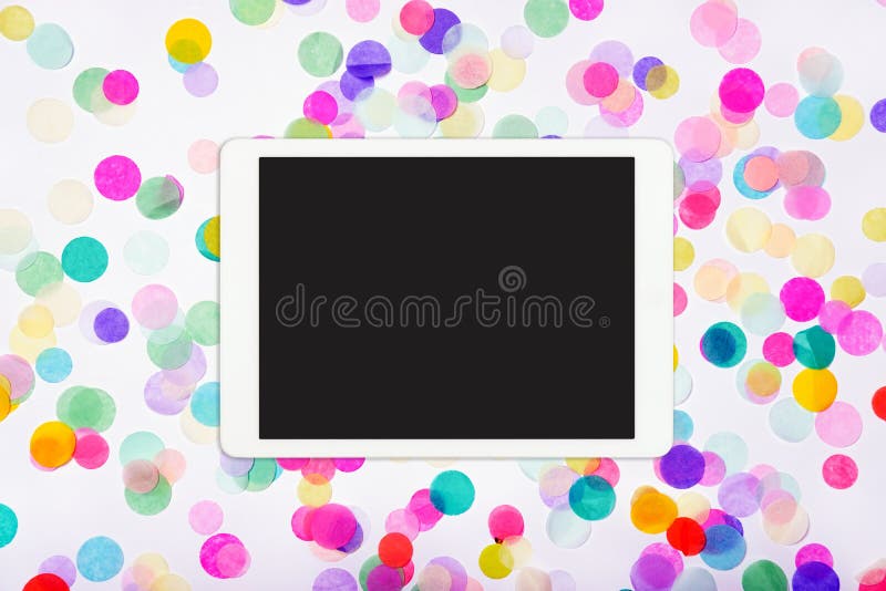 Blank Touchscreen Display with Colorful Confetti on White Background ...