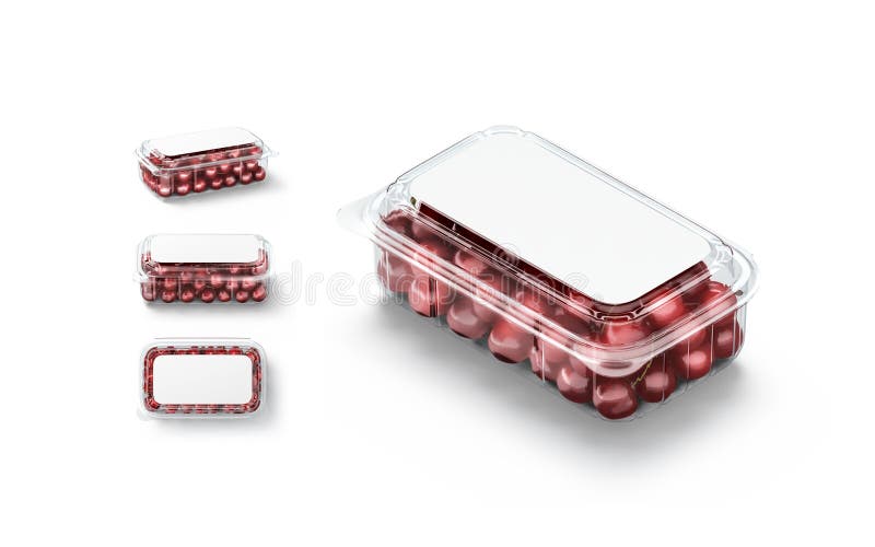 Blank Transparent Plastic Box with Cherry Mockup, Different Views Stock ...