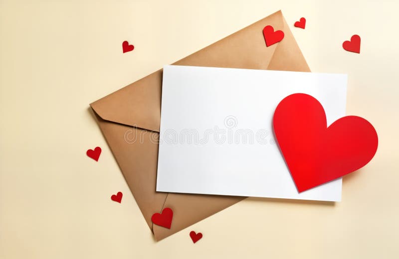 Blank Valentine Greeting Card Mockup with Red Heart, Envelope. Empty ...