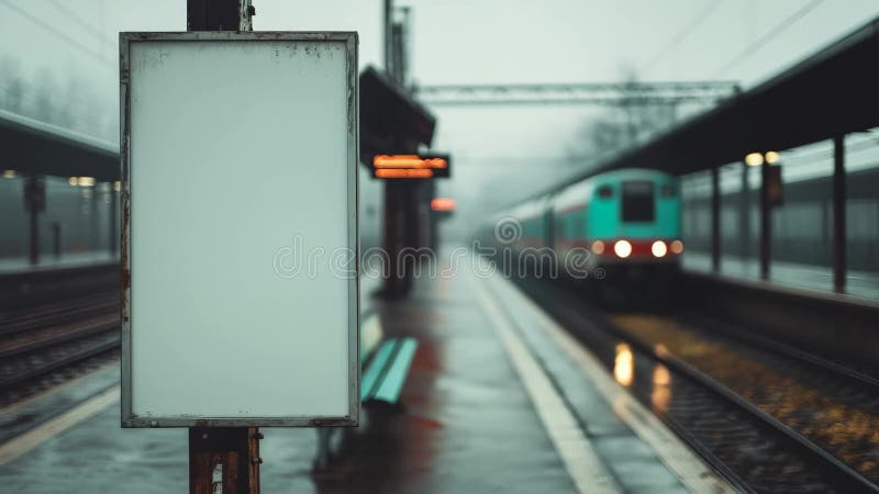 Blank Vertical Billboard Mockup on Train Station Platform with Arriving ...