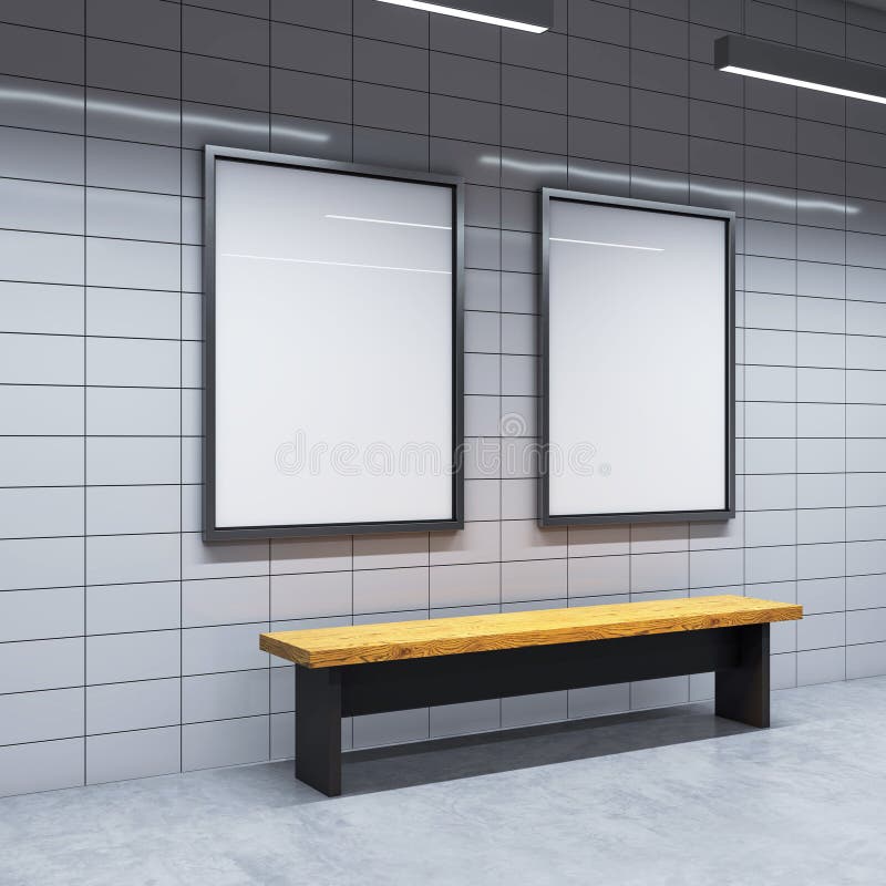 Blank Vertical Posters on a Tiled Wall Above a Wooden Bench in a Modern ...