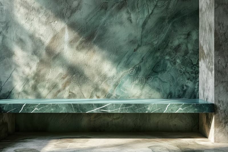 Blank Wall of Green Marble with Bench Well Lit Sunrays, Display for ...