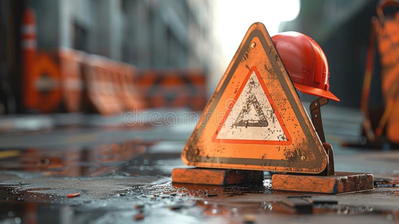 Construction Site Warning Sign with Hard Hat Placed on Top during ...