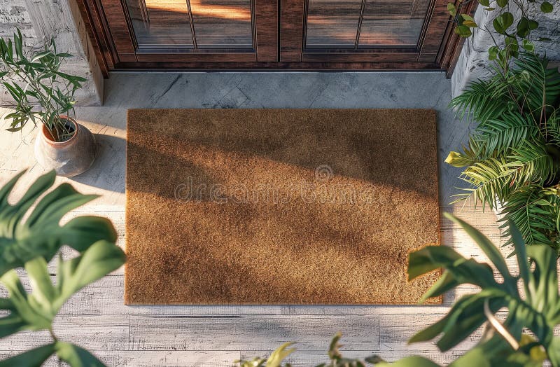 High Angle View of Blank Welcome Mat at Custom Front Door of House ...