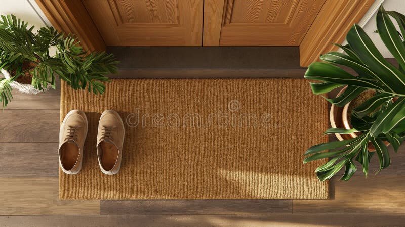Shoes Sitting on Blank Welcome Mat and Pair of Shoes at Front Door of ...