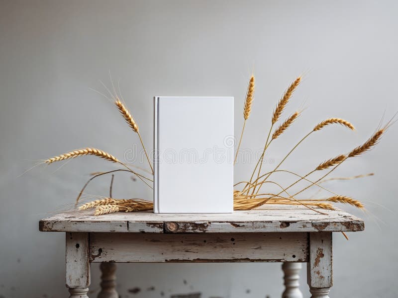 Blank White Book Cover with Wheat Stalks on Wooden Table Background ...
