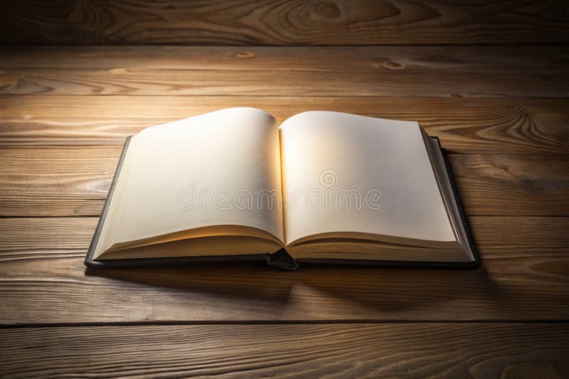 Blank White Book Open on Wooden Desk Illuminated by Subtle Booklight a ...