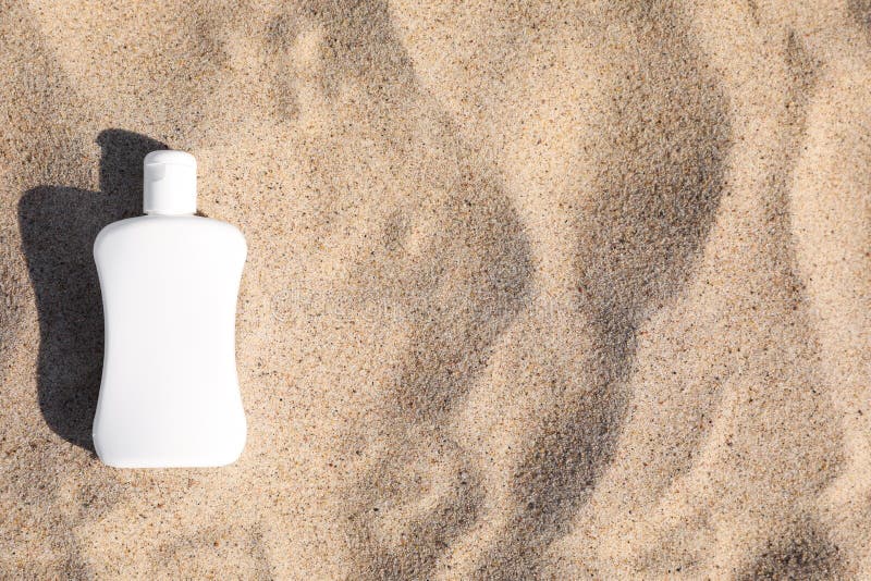 Blank White Bottle of Sunscreen on Sand, Top View. Space for Text Stock ...